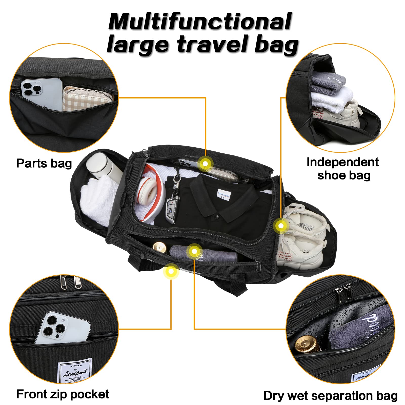 Laripwit Travel Duffle Bag for men 40L Medium Sports Gym Bag with Wet Pocket & Shoes Compartment Weekender Overnight Backpack for Traveling Duffel Bag Backpack for Women, Black
