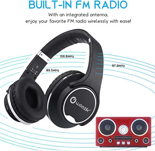 WOOZIK Twist Wireless Headphones, Over Ear 2 in 1 Hybrid Headset with Built-in FM Radio, Micro-SD Card Slot, AUX, Volume Control, Mic, Black