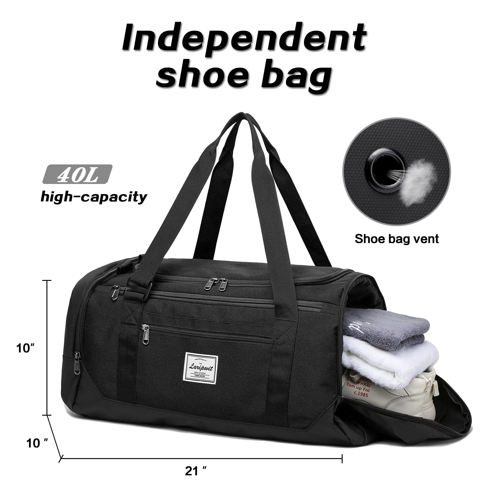 Laripwit Travel Duffle Bag for men 40L Medium Sports Gym Bag with Wet Pocket & Shoes Compartment Weekender Overnight Backpack for Traveling Duffel Bag Backpack for Women, Black