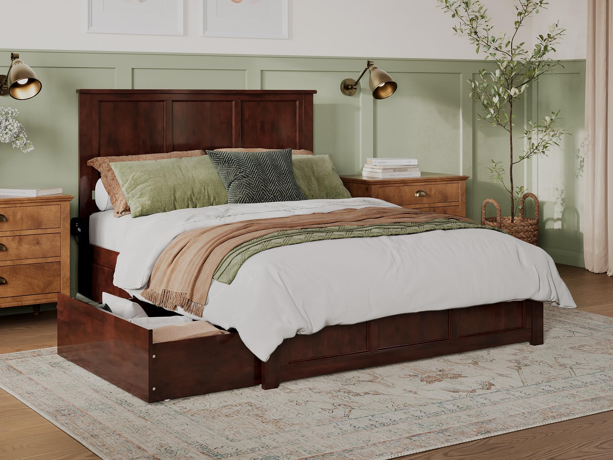 Atlantic Furniture AR8646114 Madison Platform Bed with Matching Foot Board and 2 Urban Bed Drawers, Queen, Walnut
