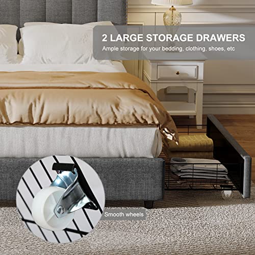 Origeture Queen Bed Frame with 2 Storage Drawers and Adjustable Headboard, Upholstered Linen Padded Platform Bed, Strong Wooden Slats Support, No Box Spring Needed, Easy Assembly, Noise-Free (Grey)
