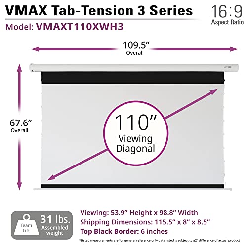 Elite Screens VMAX Tab Tension 3 Series, 110-INCH Electric Motorized Projector Screen CineWhite ISF Material Movie Home Theater, VMAXT110XWH3