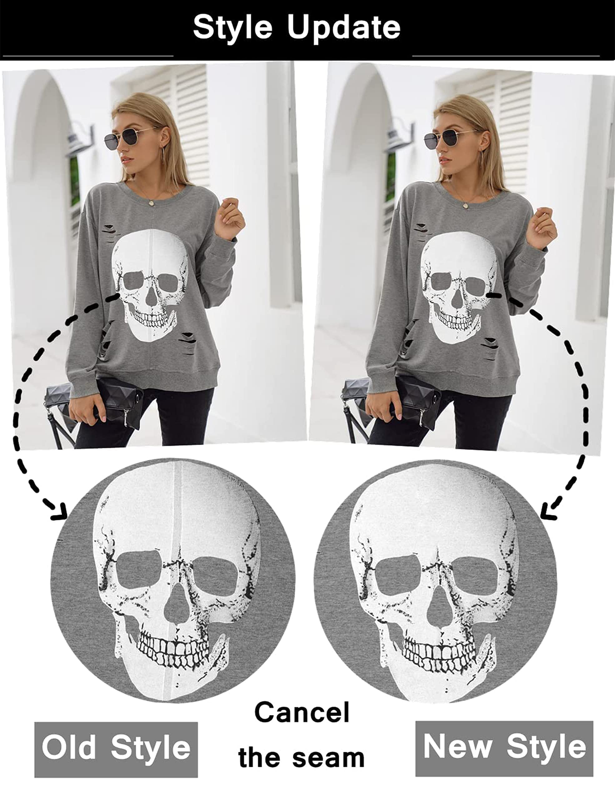 Blooming Jelly Women's Halloween Sweatshirts Skull Graphic T Shirts Long Sleeve Skeleton Shirt Gothic Fall Outfits 2024 (Medium, Grey)