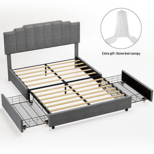 Origeture Queen Bed Frame with 2 Storage Drawers and Adjustable Headboard, Upholstered Linen Padded Platform Bed, Strong Wooden Slats Support, No Box Spring Needed, Easy Assembly, Noise-Free (Grey)