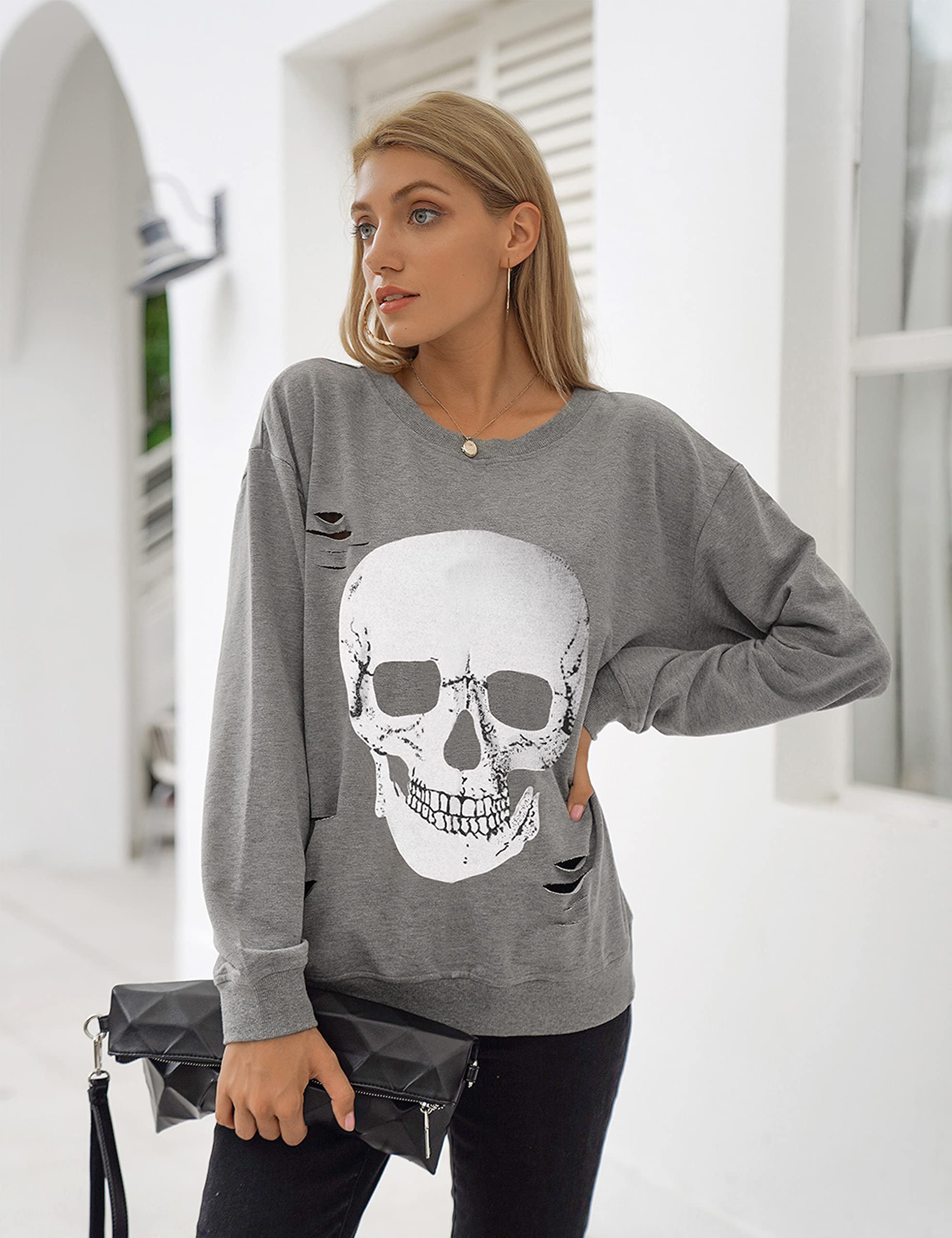 Blooming Jelly Women's Halloween Sweatshirts Skull Graphic T Shirts Long Sleeve Skeleton Shirt Gothic Fall Outfits 2024 (Medium, Grey)