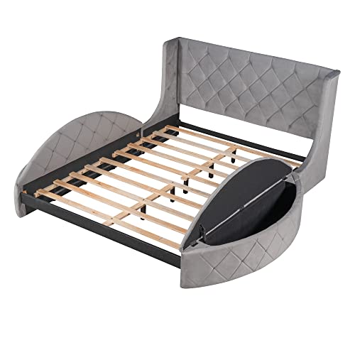 Yehha Queen Size Bed Frame w/ 1 Big Drawer & 2 Side Storage Stoo, Heavy Duty Upholstered Platform Bed w/Velvet Headboard, Capacity 500LBS, No Box Spring Needed, Gray