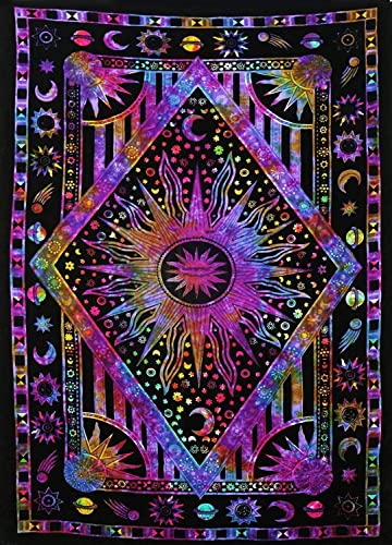 ANJANIYA Burning Sun Tie Dye Tapestry, Celestial Sun Moon Star Planet Bohemian Poster Tapestry Tarot Wall Hanging Boho Hippie Hippy Beach Coverlet Curtain (Purple Multi, 30"X40")