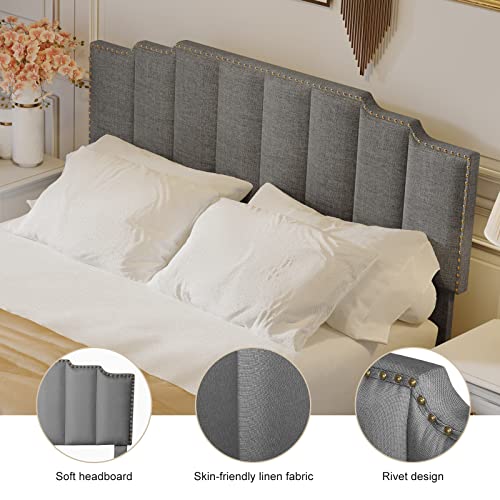 Origeture Queen Bed Frame with 2 Storage Drawers and Adjustable Headboard, Upholstered Linen Padded Platform Bed, Strong Wooden Slats Support, No Box Spring Needed, Easy Assembly, Noise-Free (Grey)