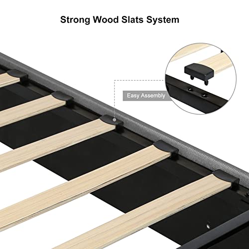 Origeture Queen Bed Frame with 2 Storage Drawers and Adjustable Headboard, Upholstered Linen Padded Platform Bed, Strong Wooden Slats Support, No Box Spring Needed, Easy Assembly, Noise-Free (Grey)