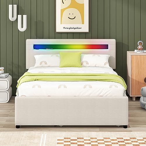 Linique Queen Size Upholstered Storage Platform Bed with Twin Size Trundle and 2 Drawers,Headboard with LED Light and USB Charging,Beige
