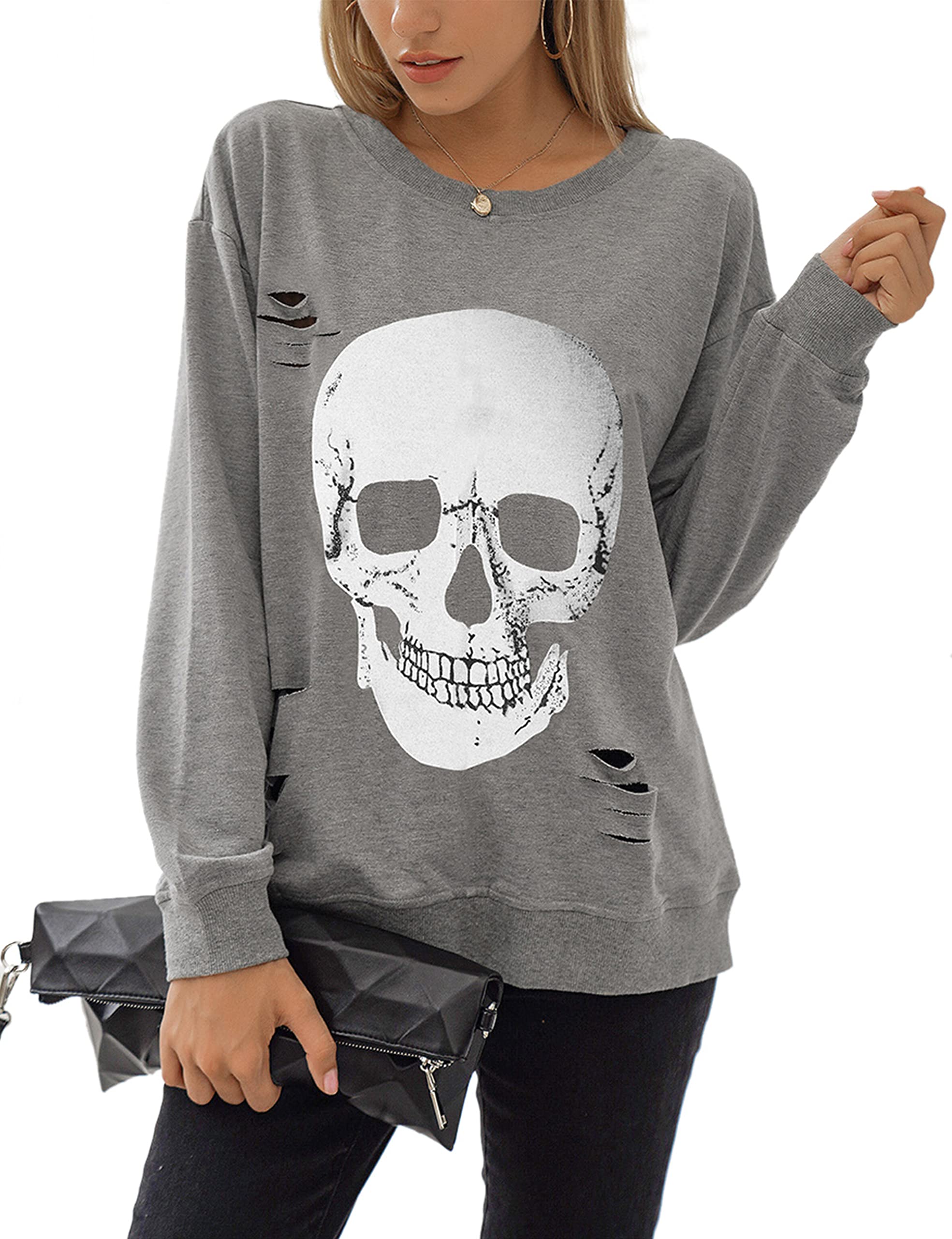 Blooming Jelly Women's Halloween Sweatshirts Skull Graphic T Shirts Long Sleeve Skeleton Shirt Gothic Fall Outfits 2024 (Medium, Grey)