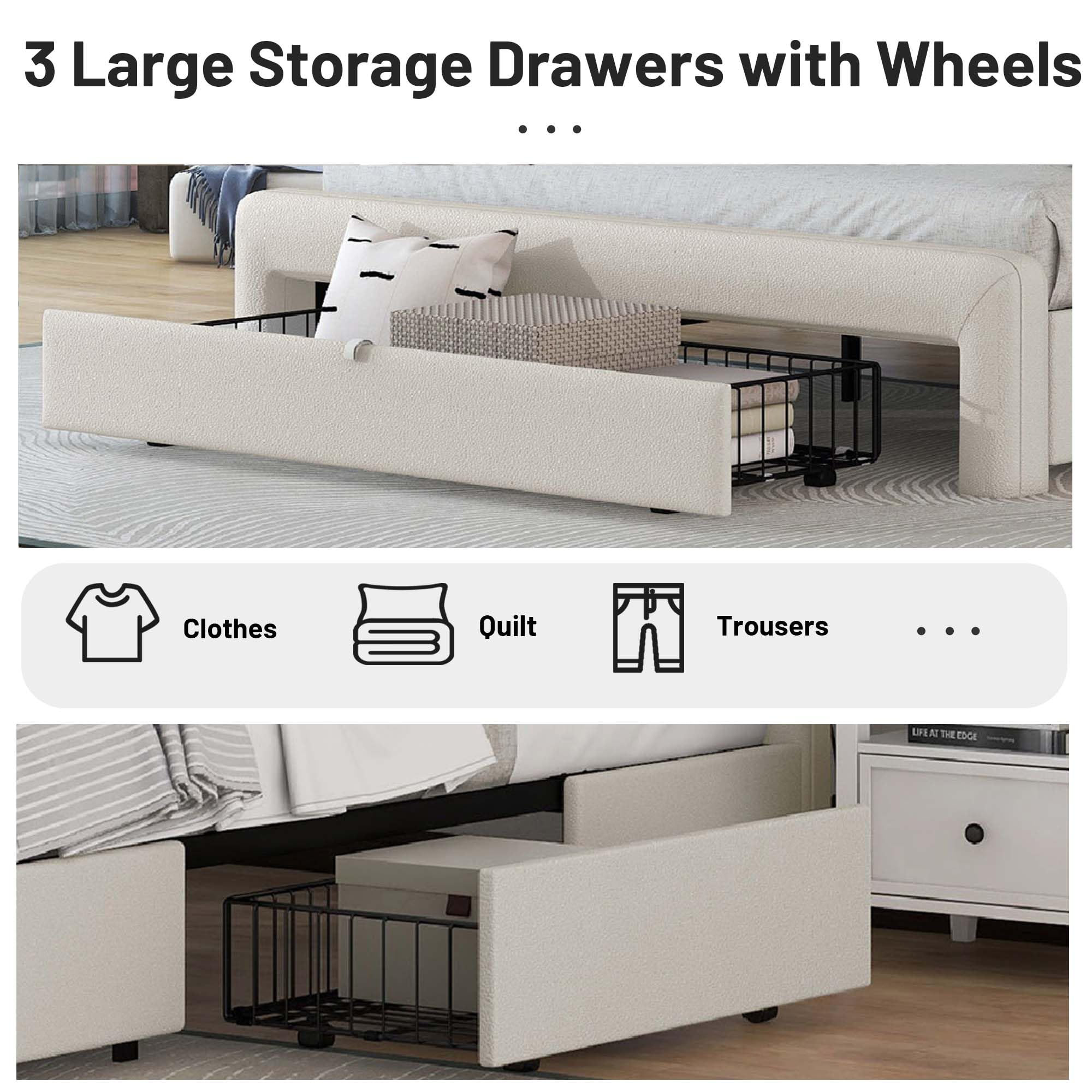 Queen Bed Frame with 3 Storage Drawers, Faux Leather Platform Bed with Headboard and Charging Station, Queen Size Bed Frame with Slats Support and USB Port, No Box Spring Needed, Beige