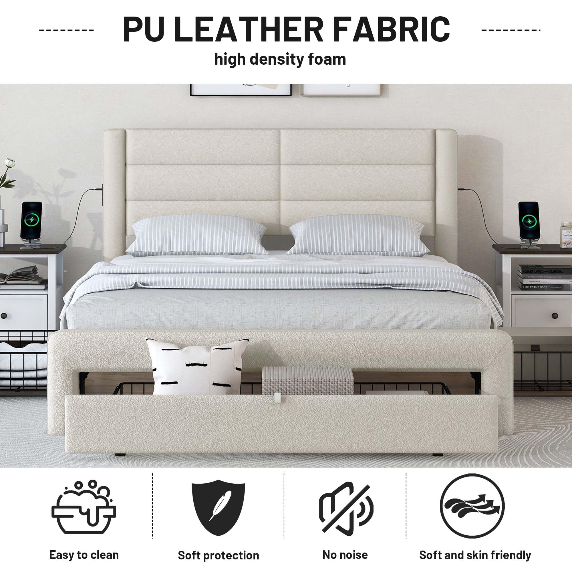 Queen Bed Frame with 3 Storage Drawers, Faux Leather Platform Bed with Headboard and Charging Station, Queen Size Bed Frame with Slats Support and USB Port, No Box Spring Needed, Beige
