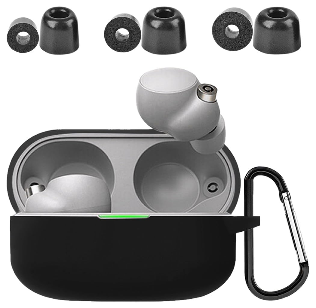 A-Focus WF-1000XM4 Case Ear Tips Kit, Silicone Cover 3 Pairs Memory Foam Noise Reduce Comfortable EarTips with Carabiner Accessories Set Compatible with Sony WF-1000XM4 Black