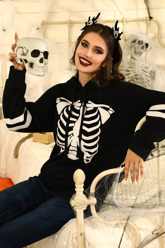 Women Halloween Spooky Graphic Print Pullover Sweatshirts Funny Long Sleeves Hoodie Skeleton S
