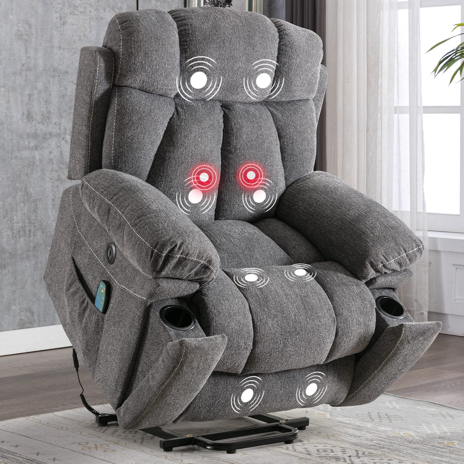 CANMOV Large Power Lift Recliner Chairs with Massage and Heat for Elderly Big People, Heavy Duty Motion Reclining Mechanism-Anti Skid Fabric Recliner Chair with 2 Concealed Cup Holders,Dark Gray