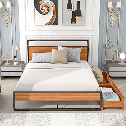 EMKK Queen Size Metal Platform Bed Frame with 2 Drawers,Sockets and USB Ports,Metal and Wood Platform Bed Frame, Wood Slat Support, No Box Spring,Easy Assembly, Black, Queen