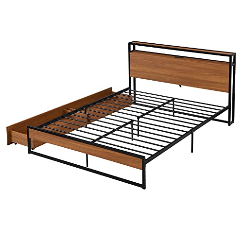 EMKK Queen Size Metal Platform Bed Frame with 2 Drawers,Sockets and USB Ports,Metal and Wood Platform Bed Frame, Wood Slat Support, No Box Spring,Easy Assembly, Black, Queen