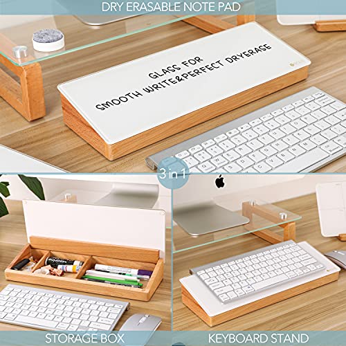 Desktop Glass Whiteboard with Wooden Organizer Box for Office Supplies Storage, Computer Keyboard Stand, Desk Dry Erase White Board with Drawer for Stationary, Marker & Eraser Included, Yeoux