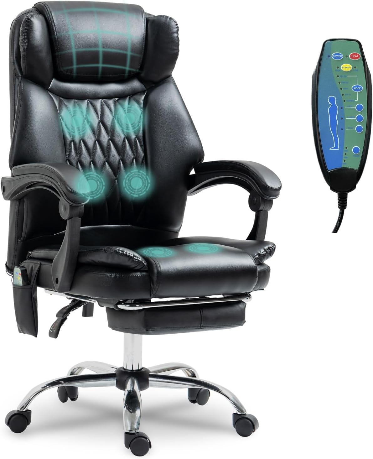ONPNO Ergonomic Office Chair with Massager, Heated Office Chair Reclining Massage Desk Chair, Home Office Desk Chair w/Foot Rest, Padded Armrest, Height Adjustable Swivel Work Chair (Black)