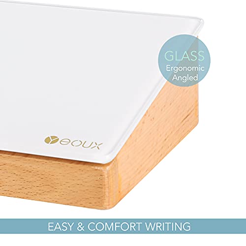 Desktop Glass Whiteboard with Wooden Organizer Box for Office Supplies Storage, Computer Keyboard Stand, Desk Dry Erase White Board with Drawer for Stationary, Marker & Eraser Included, Yeoux