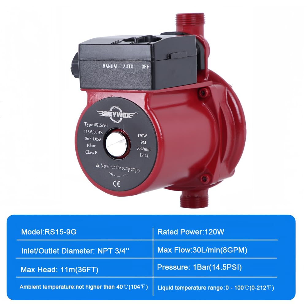 BOKYWOX Centrifugal Pump 120W 110V Food Grade Automatic Booster Pump NPT3/4'' Domestic Hot Water Circulator Pump 120W Home Recirculating Pump Hot Water Circulator Circulation Pump (RS15/9R)