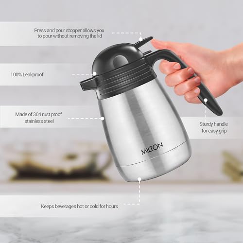 Milton Insulated Coffee Carafe (34 oz) thermos Water Coffee Dispenser, Tea Flask- Stainless Steel Hot Beverage Dispenser-Thermal Carafe Air Pot Silver (1000 ml)