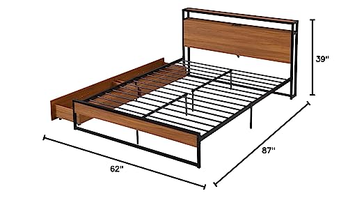 EMKK Queen Size Metal Platform Bed Frame with 2 Drawers,Sockets and USB Ports,Metal and Wood Platform Bed Frame, Wood Slat Support, No Box Spring,Easy Assembly, Black, Queen