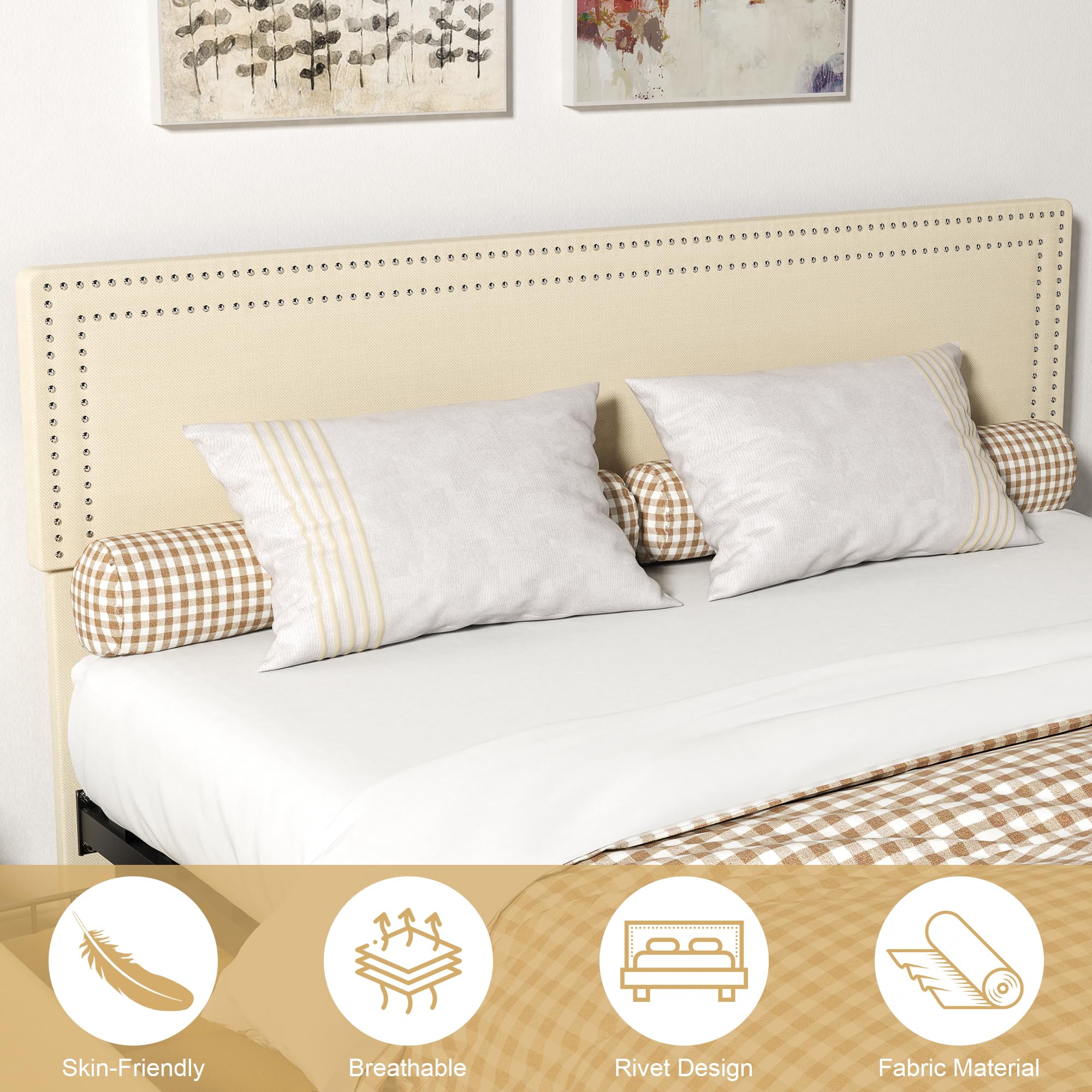 Queen Bed Frame with 4 Storage Drawers, Modern BedFrame with Rivet Adjustable Headboard, Platform Mattress Foundation, Metal Frame Structure with Wooden Slats Support, No Box Spring Needed, Beige