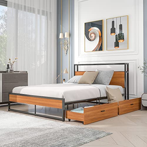 EMKK Queen Size Metal Platform Bed Frame with 2 Drawers,Sockets and USB Ports,Metal and Wood Platform Bed Frame, Wood Slat Support, No Box Spring,Easy Assembly, Black, Queen