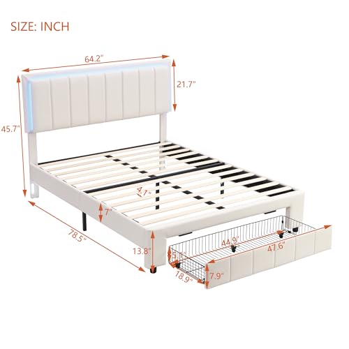 Modern Queen Size Upholstered Platform Bed with LED Lights and 2 Motion Activated Night Lights, PU Leather Platform Bed Frame Mattress Foundation with Storage Drawer for Bedroom Guest Room (White-A4)