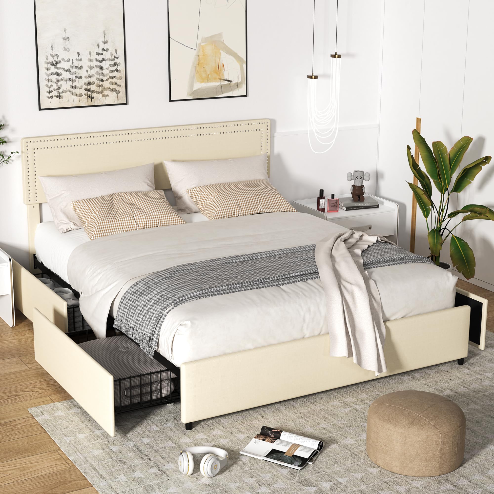 Queen Bed Frame with 4 Storage Drawers, Modern BedFrame with Rivet Adjustable Headboard, Platform Mattress Foundation, Metal Frame Structure with Wooden Slats Support, No Box Spring Needed, Beige