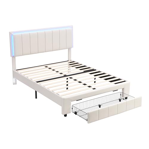Modern Queen Size Upholstered Platform Bed with LED Lights and 2 Motion Activated Night Lights, PU Leather Platform Bed Frame Mattress Foundation with Storage Drawer for Bedroom Guest Room (White-A4)