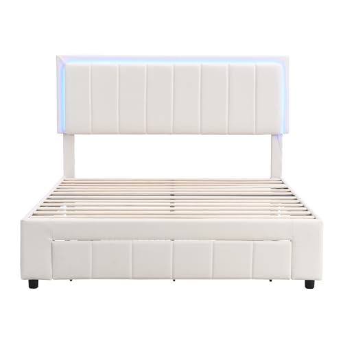 Modern Queen Size Upholstered Platform Bed with LED Lights and 2 Motion Activated Night Lights, PU Leather Platform Bed Frame Mattress Foundation with Storage Drawer for Bedroom Guest Room (White-A4)