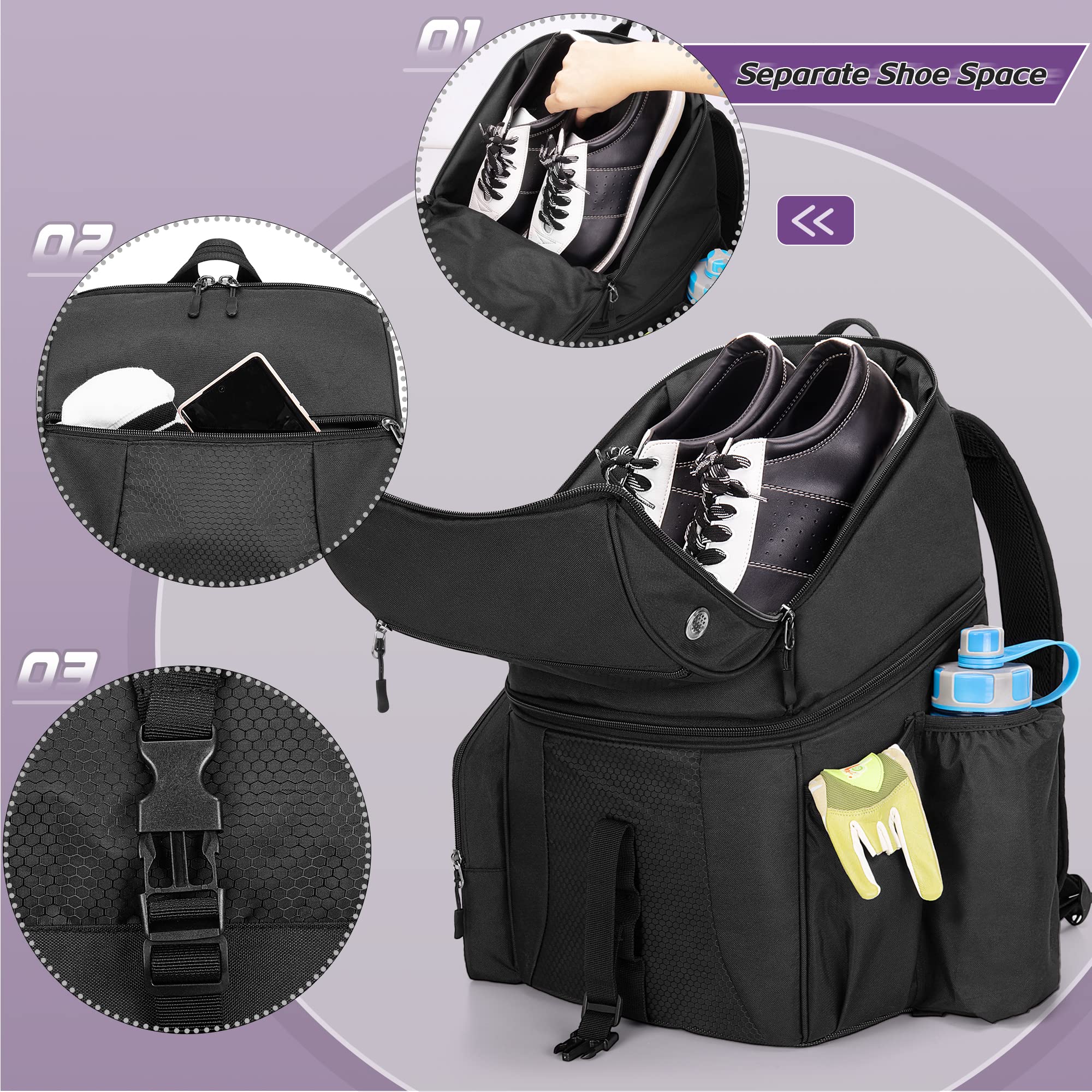 DSLEAF Bowling Backpack and Separate Ball Bag Combo, Bowling Ball Bag with Wooden Ball Holder and Shoe Compartment Hold A Pair of Shoes US Mens 16 and Multi-Pockets for Accessories (Patent Design)