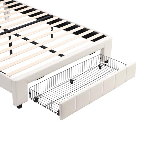 Modern Queen Size Upholstered Platform Bed with LED Lights and 2 Motion Activated Night Lights, PU Leather Platform Bed Frame Mattress Foundation with Storage Drawer for Bedroom Guest Room (White-A4)