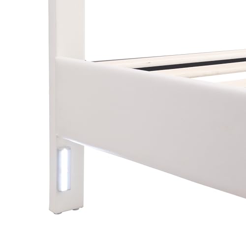 Modern Queen Size Upholstered Platform Bed with LED Lights and 2 Motion Activated Night Lights, PU Leather Platform Bed Frame Mattress Foundation with Storage Drawer for Bedroom Guest Room (White-A4)