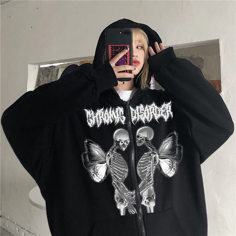 CosTribe Women's Y2K Zip Up Hoodies Novelty Aesthetic Skeleton Graphic Pullover Casual Cardigan Sweatshirt Tops with Pocket (Black,XXL)
