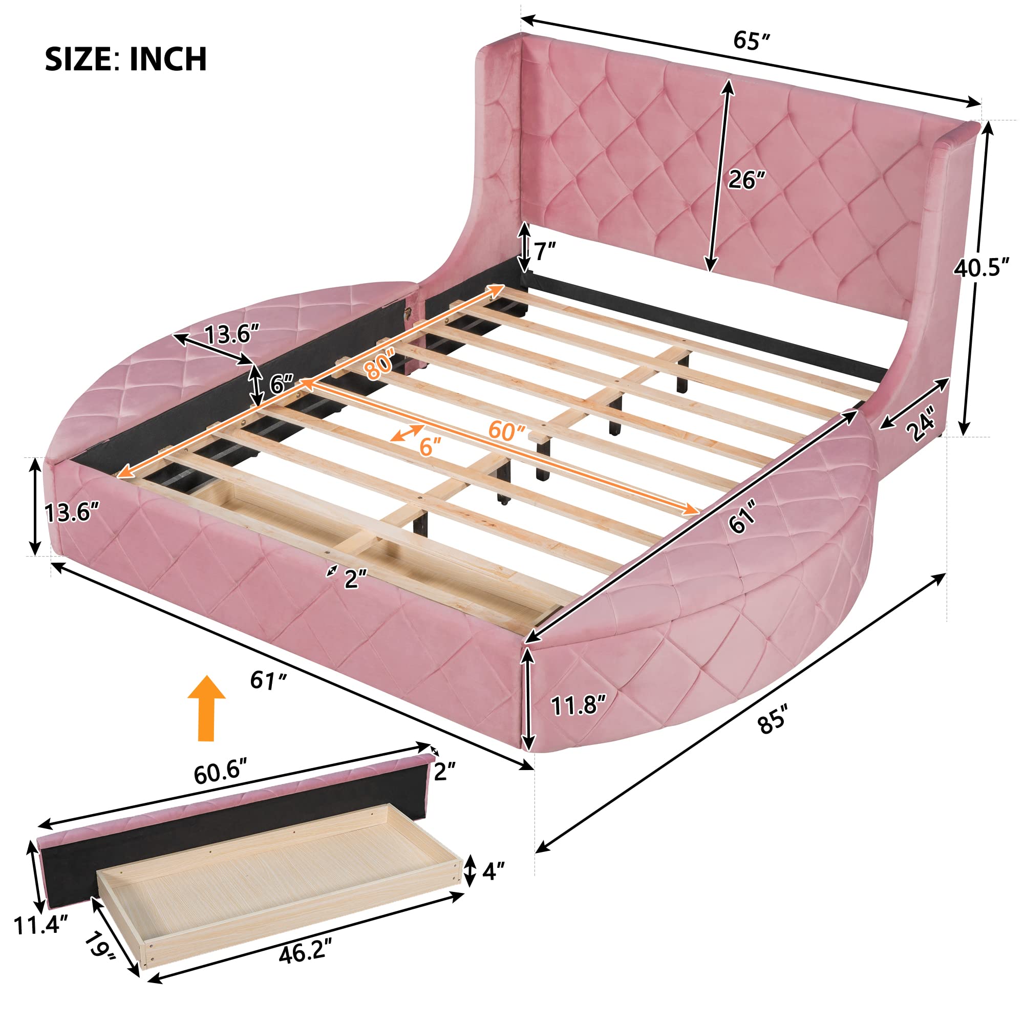VilroCaz Queen Size Upholstered Platform Bed with Wingback Headboard, Velvet Platform Bed Mattress Foundation with 1 Big Drawer and 2 Side Storage Stool, Strong Wood Slats Support (Pink-S)