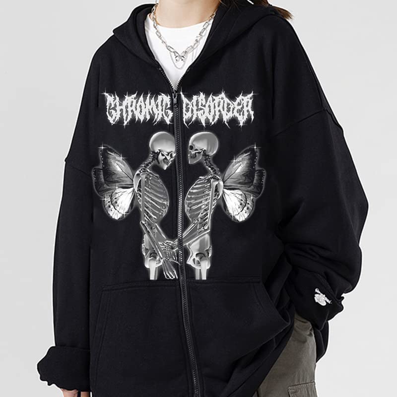 CosTribe Women's Y2K Zip Up Hoodies Novelty Aesthetic Skeleton Graphic Pullover Casual Cardigan Sweatshirt Tops with Pocket (Black,XXL)