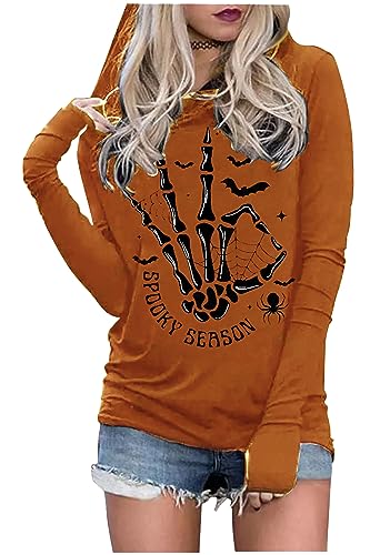 CHUNTIANRAN Halloween Shirts Spooky Season Skeleton Hand Spider Bat Hoodie T Shirts Women Casual Loose-Fit Long Sleeve Pullover Tops(Skeleton Orange-8,Medium)