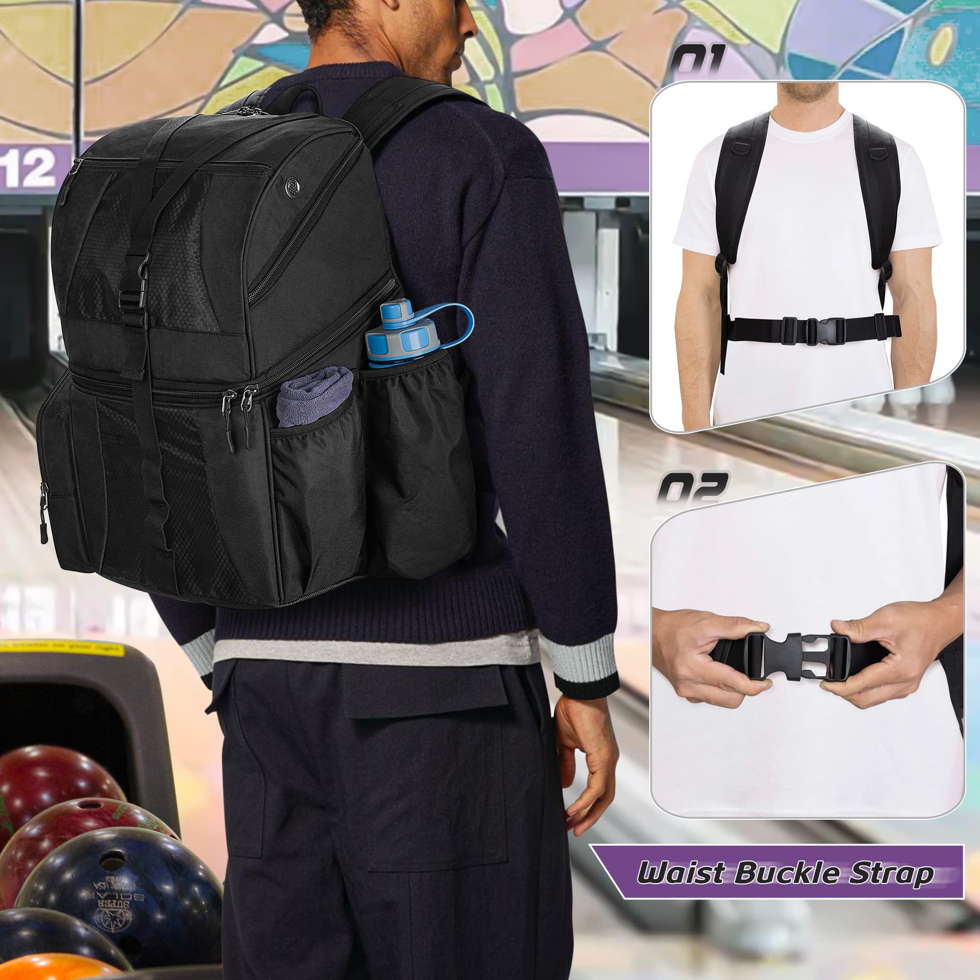 DSLEAF Bowling Backpack and Separate Ball Bag Combo, Bowling Ball Bag with Wooden Ball Holder and Shoe Compartment Hold A Pair of Shoes US Mens 16 and Multi-Pockets for Accessories (Patent Design)
