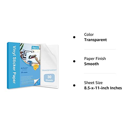 Premium Printable Vinyl Sticker Paper,Transparent 30 Clear Self-Adhesive Sheets,No-Waterproof,Dries Quickly Vivid Colors Decal Paper,Tear Resistant-for Any Epson HP Canon Sawgrass Inkjet Printer