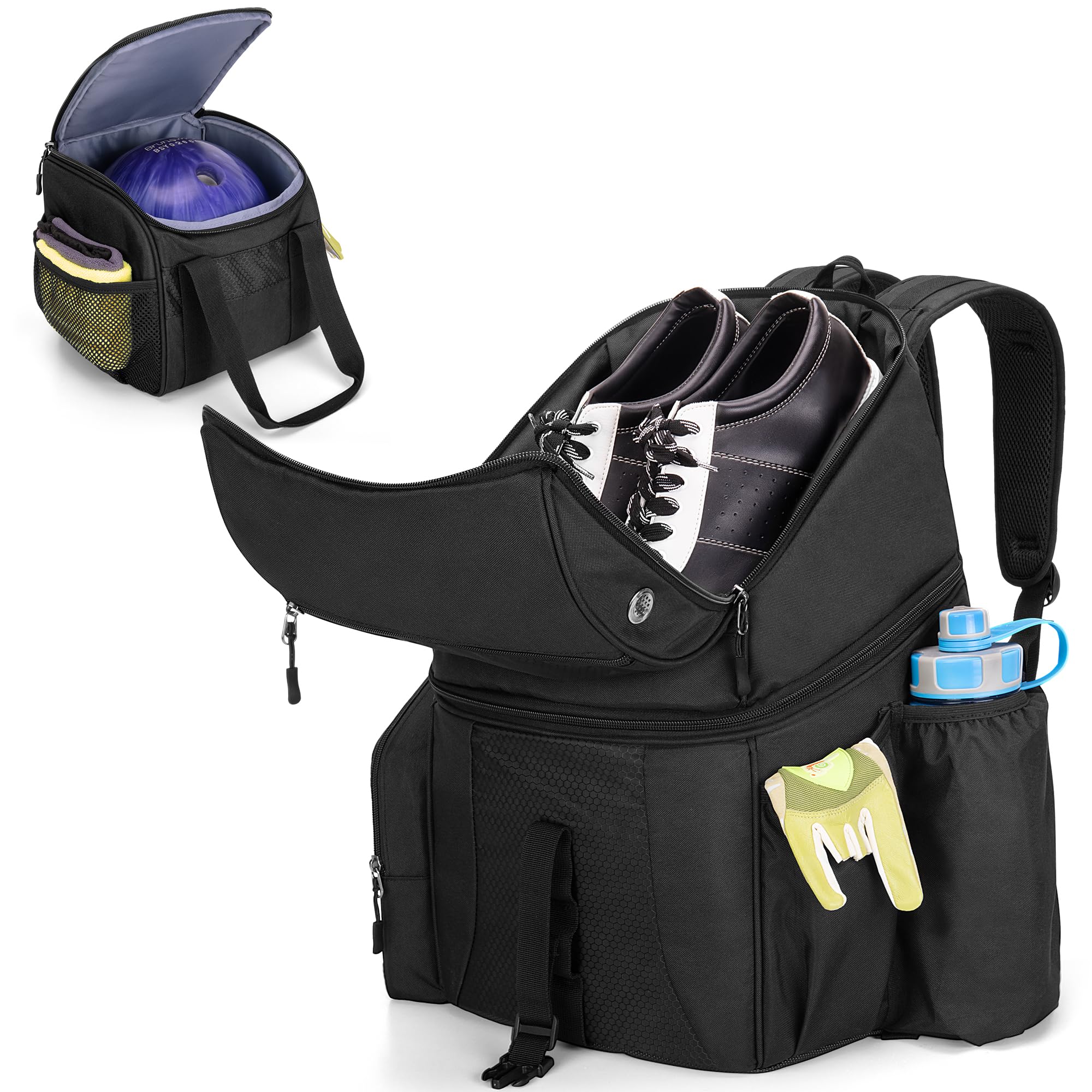 DSLEAF Bowling Backpack and Separate Ball Bag Combo, Bowling Ball Bag with Wooden Ball Holder and Shoe Compartment Hold A Pair of Shoes US Mens 16 and Multi-Pockets for Accessories (Patent Design)
