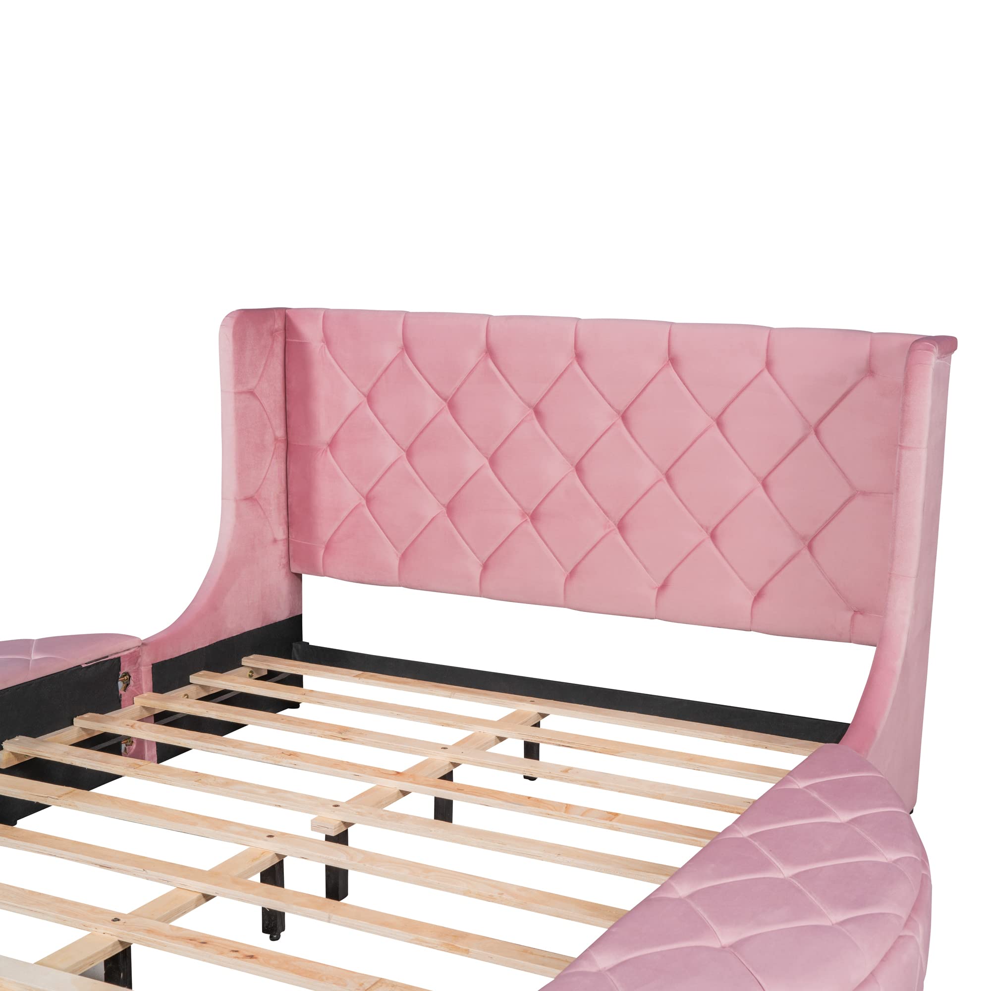 VilroCaz Queen Size Upholstered Platform Bed with Wingback Headboard, Velvet Platform Bed Mattress Foundation with 1 Big Drawer and 2 Side Storage Stool, Strong Wood Slats Support (Pink-S)