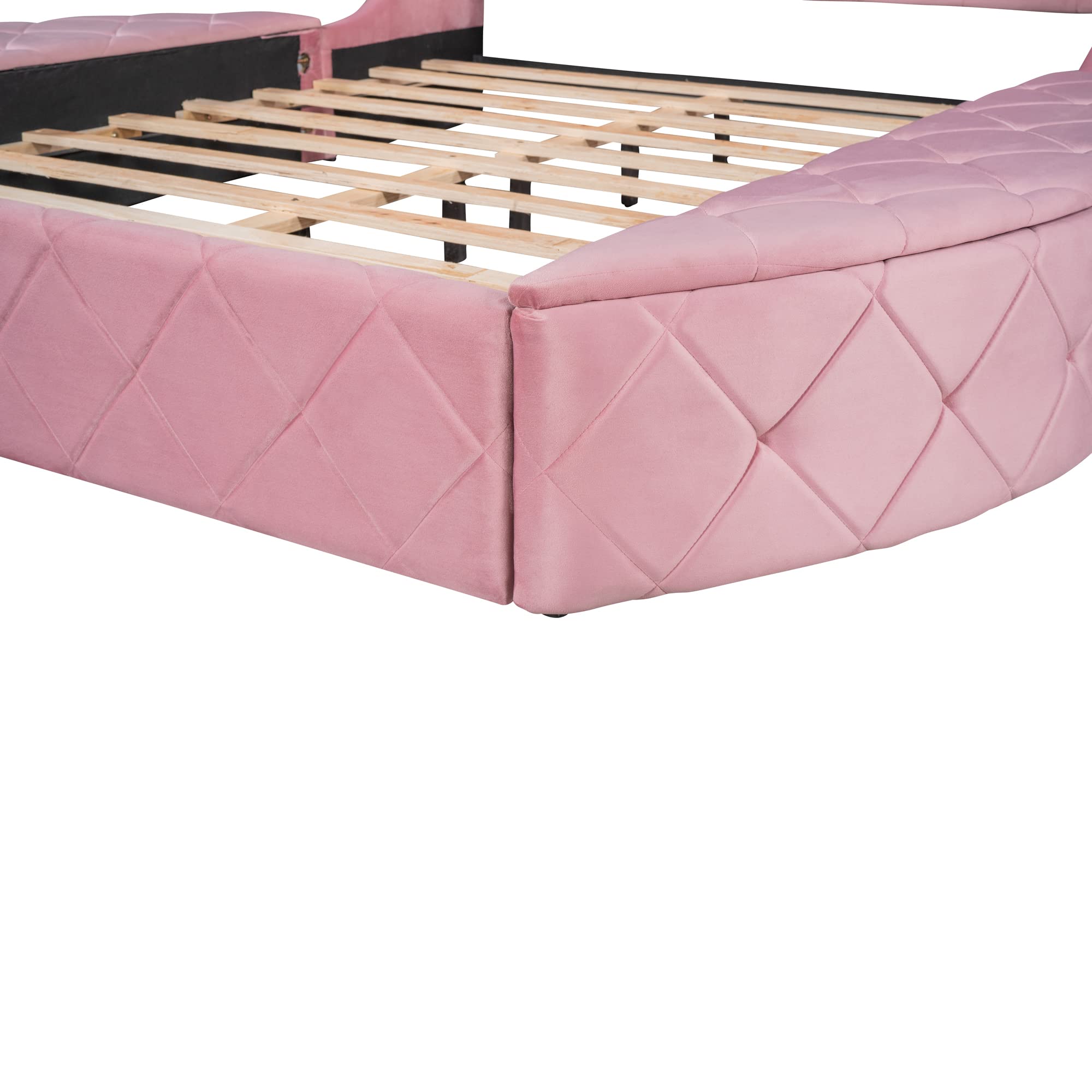 VilroCaz Queen Size Upholstered Platform Bed with Wingback Headboard, Velvet Platform Bed Mattress Foundation with 1 Big Drawer and 2 Side Storage Stool, Strong Wood Slats Support (Pink-S)