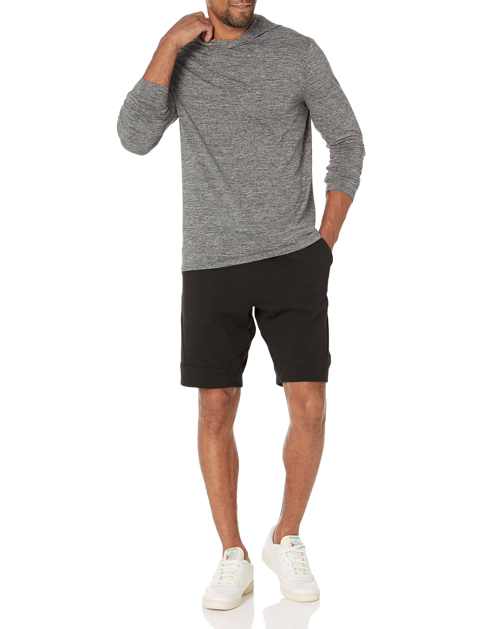Amazon Essentials Men's Tech Stretch Long-Sleeve Hooded T-Shirt, Grey Space Dye, Medium