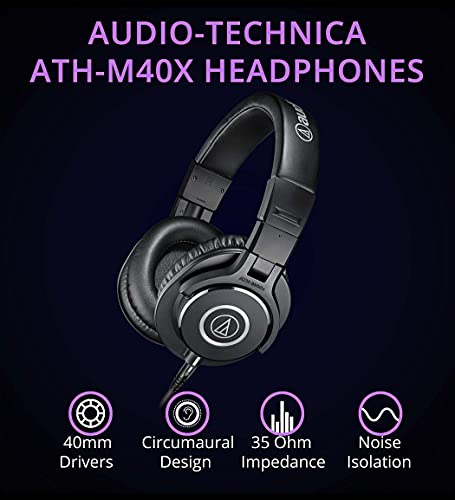 Audio Technica ATH-M40x Professional Studio Monitor Headphone Black Bundle with Antlion Audio ModMic Wireless, Blucoil 6' 3.5mm Extension Cable, Headphone Amp, Headphone Hook and Slappa Headphone Case