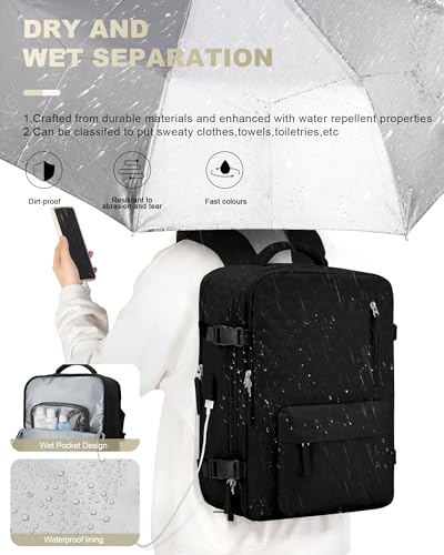 livbote Travel Backpack for Women, Large Carry on Backpack Flight Approved with Shoe Compartment & USB Charging Port, Waterproof Casual Daypack Work Business Backpacks Mochila de viaje, Black