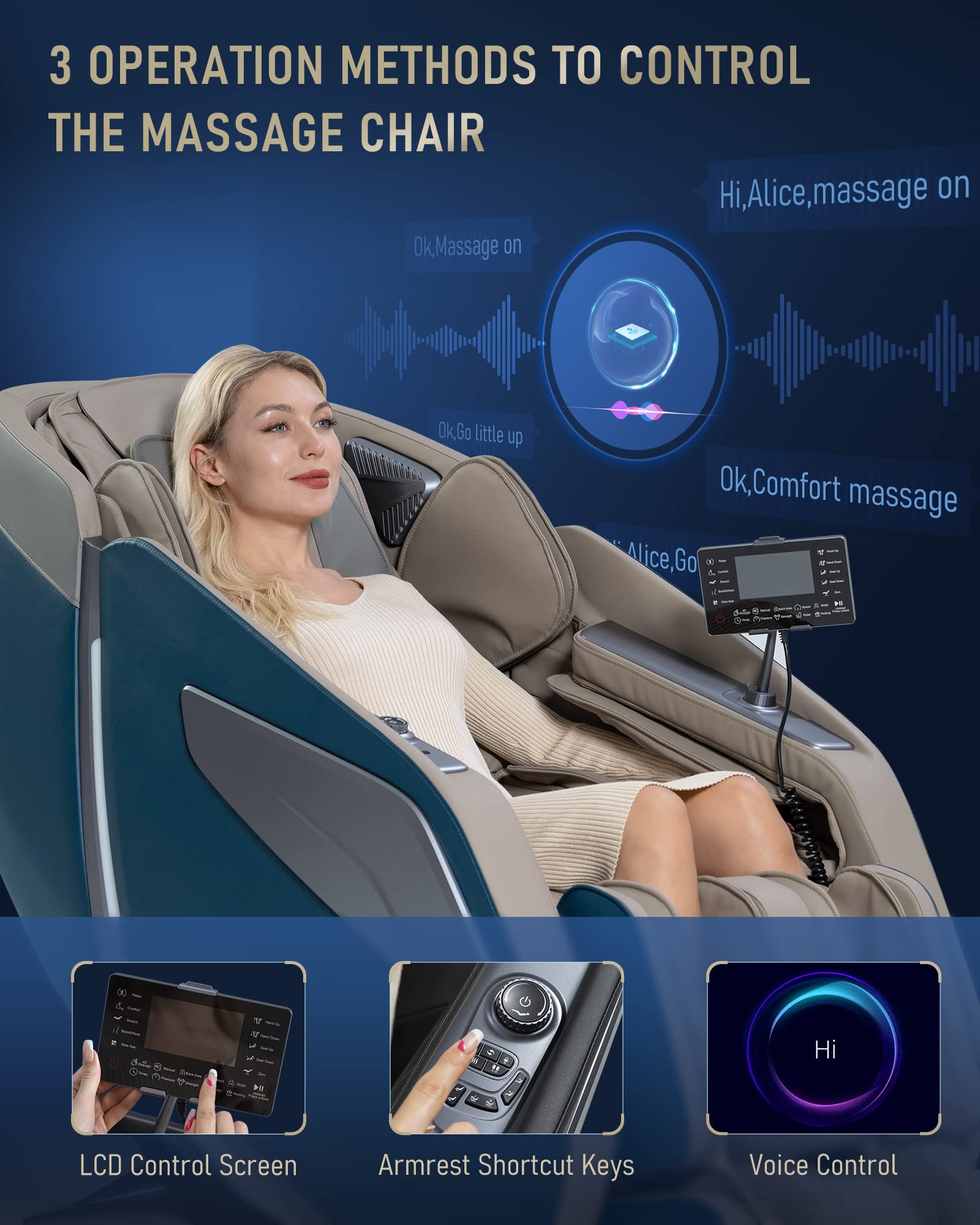 UIIU 3D Massage Chair Full Body Zero Gravity Back&Calf Heated Screen Touch Electric Massage Chairs SL Track Yoga Strecth Voice Control Body Scan with Bluetooth Speaker Foot Massage Blue